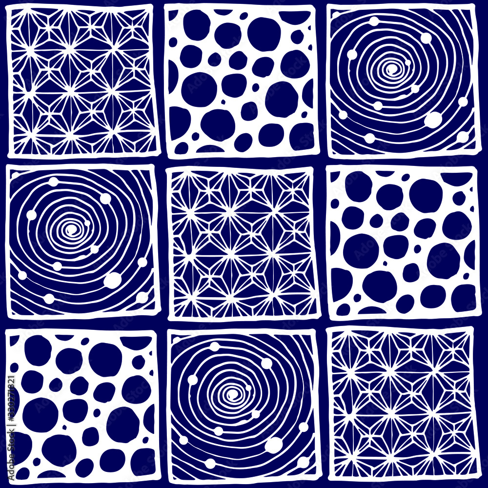 Squares with different patterns inside. Tiles with illustrations. Stock ...