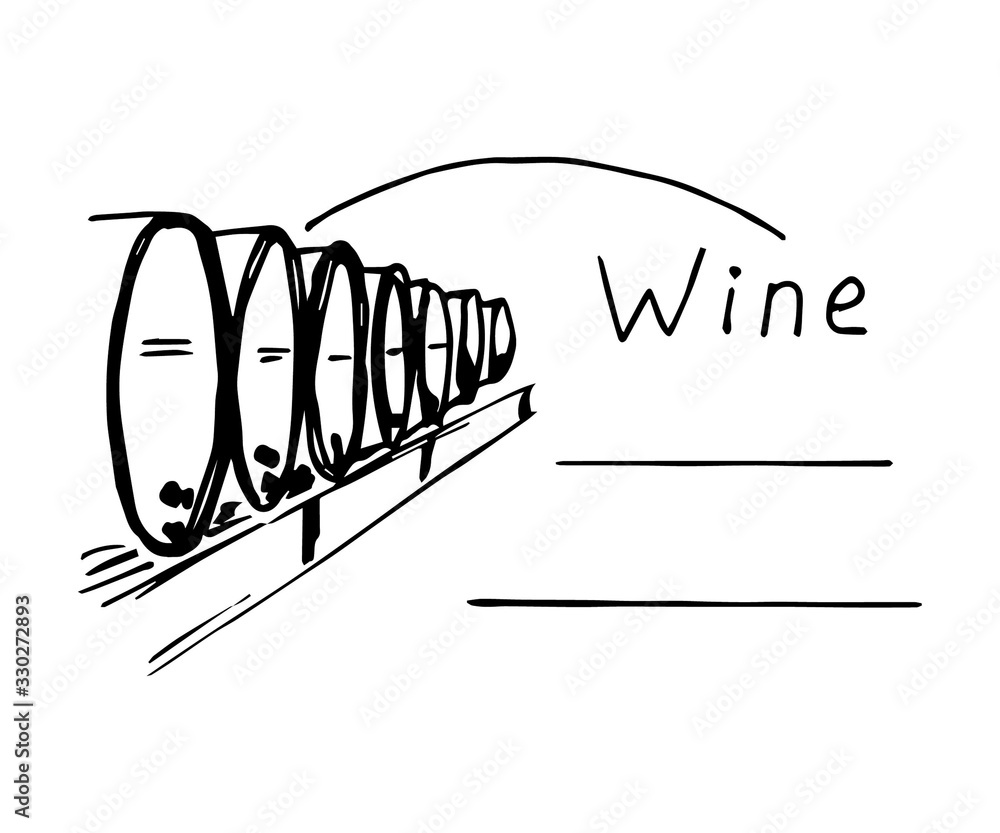 Hand-drawn vector outline drawing. Wine cellar, round barrels of ...