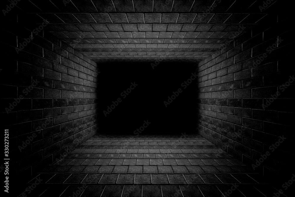 perspective brickwall black room into the dark side.horror background ...