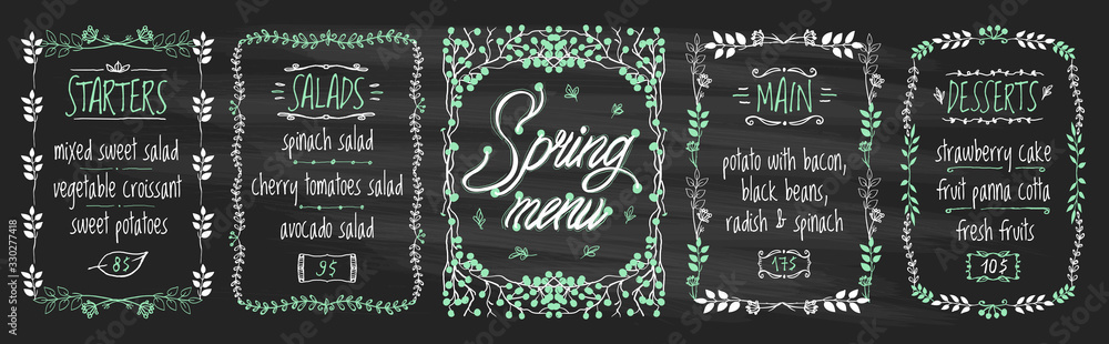 Chalk spring menu set on a blackboard - starters, salads, main and ...
