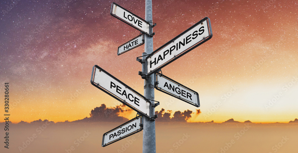 Human emotional and desires on directional signpost, with sunrise sky ...