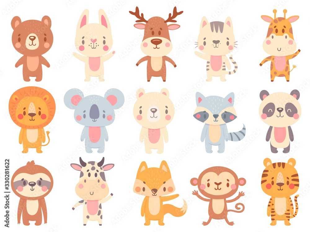 Cute cartoon animals. Waving giraffe, funny farm cow and happy bear ...