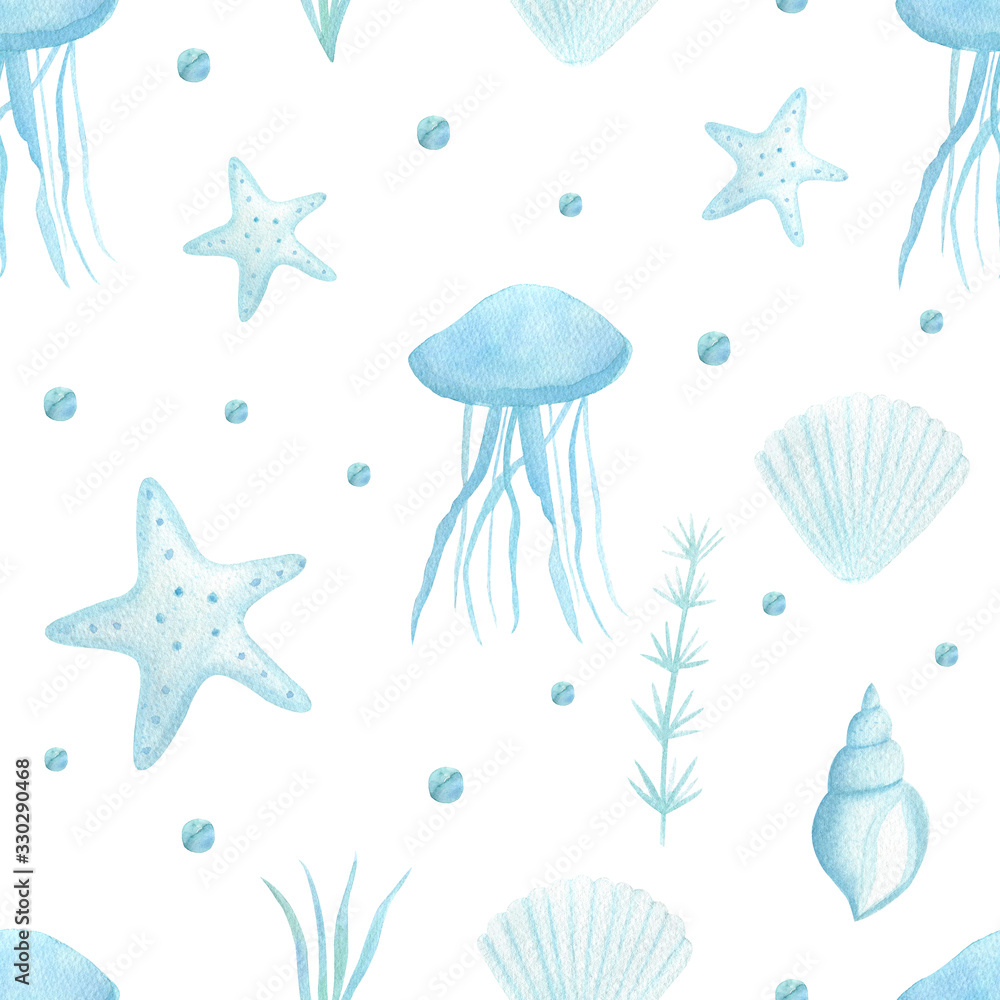 Cute watercolor seamless pattern with sea creatures for children. Sea ...