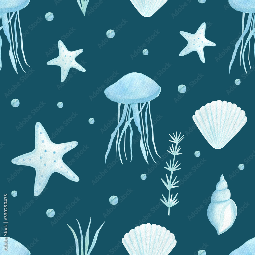 Cute watercolor seamless pattern with sea creatures for children. Sea ...