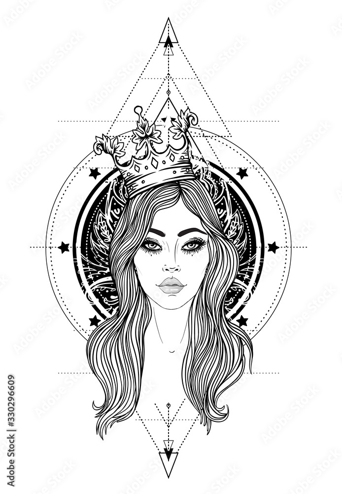 Divine goddess. Black and white girl over sacred geometry sign ...
