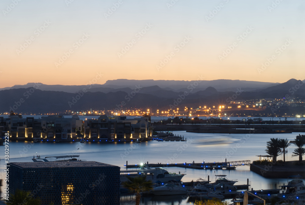 Landscape photograph of the suburb of Ayla in Aqaba in Jordan and the ...