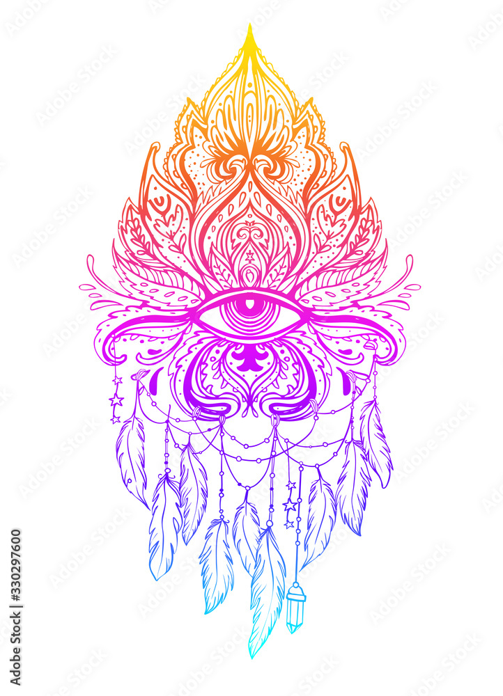 Vector ornamental Lotus flower, all-seeing eye, patterned Indian ...