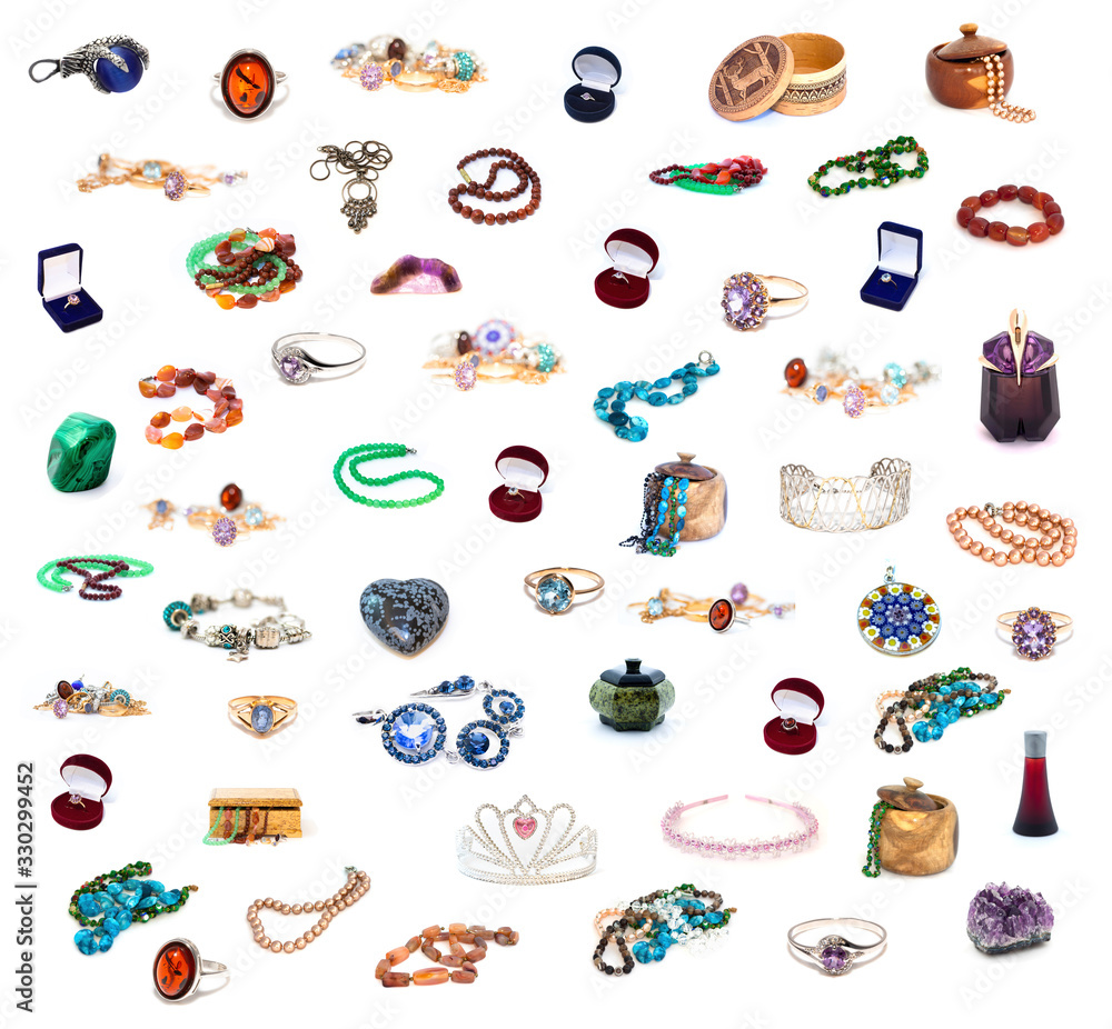 Beautiful jewelry collection on white background. Full size. Stock ...