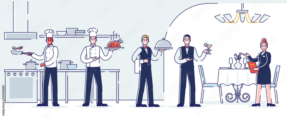 Restaurant Work Process, Service And Staff Concept. Restaurant Staff At ...