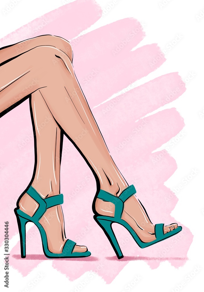 Hand drawn fashion illustration of female skinny legs in green high ...