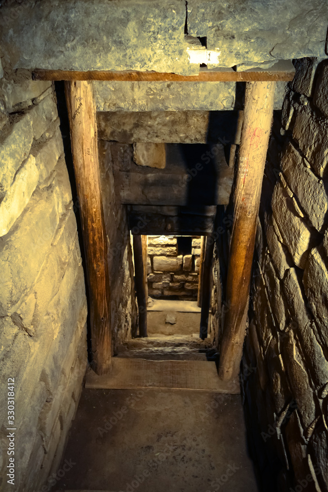 Tunnels of Chavin archaeological site, Peru. Pre-inca ruins of ...