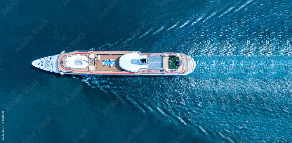 Aerial top view of beautiful white cruise ship luxury cruise at the sea ...