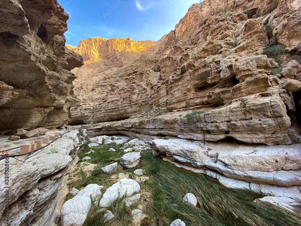 Wadi Shab river canyon, Sultanate of Oman. Natural mountain landscape ...