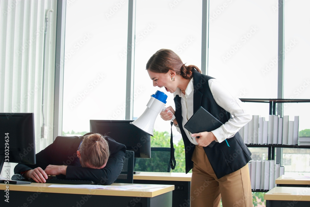 Staff officer taking a nap on the office desk, employee sleeping at the ...