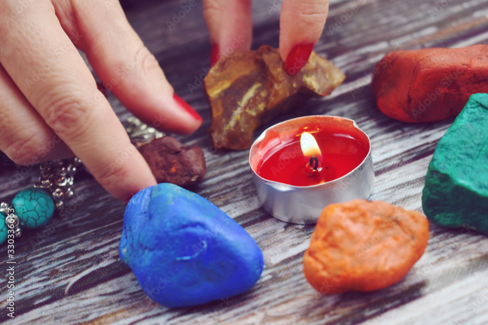 Colored magic stones. Fortune-telling background. Magic and amulets ...