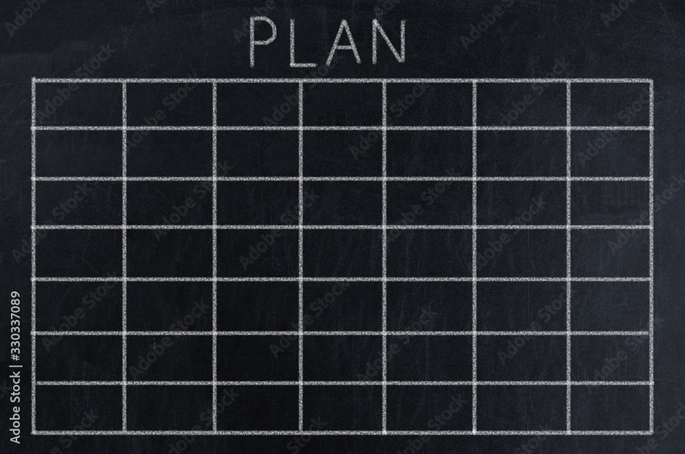 White chalk sketch of blank monthly grid timetable schedule on black ...