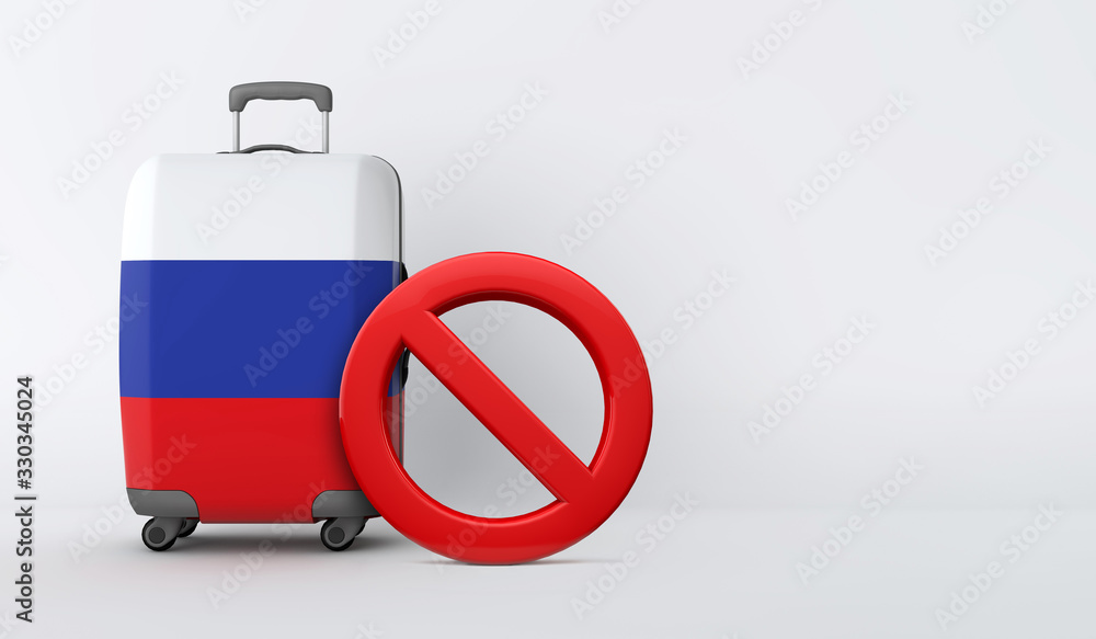 Russia flag suitcase with no entry sign. Travel ban concept. 3D Render ...