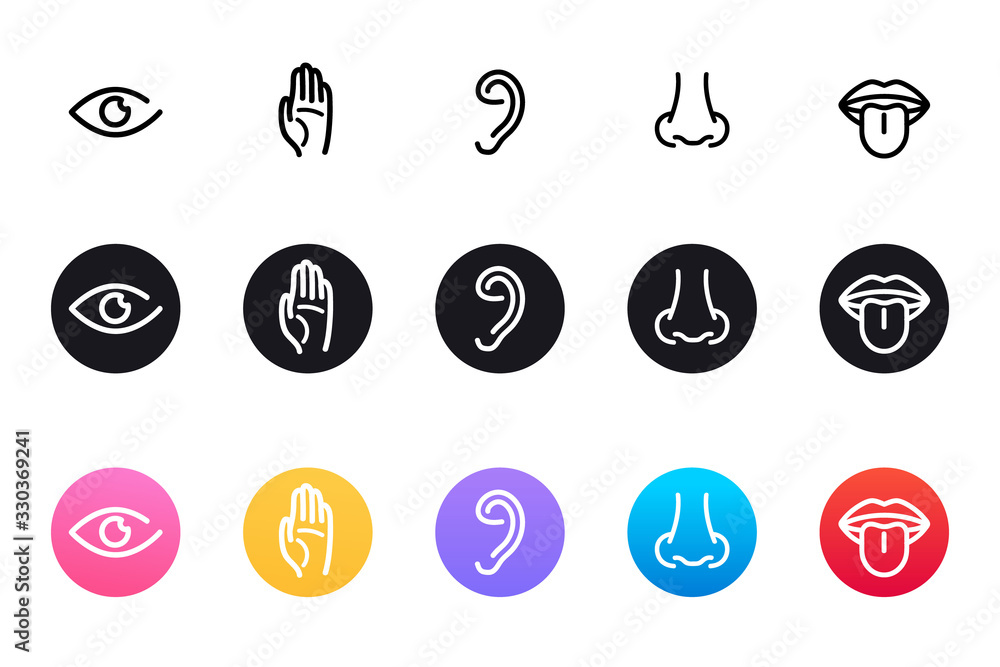 Vijf menselijke zintuigen: horen, zien, ruiken, proeven en voelen ...