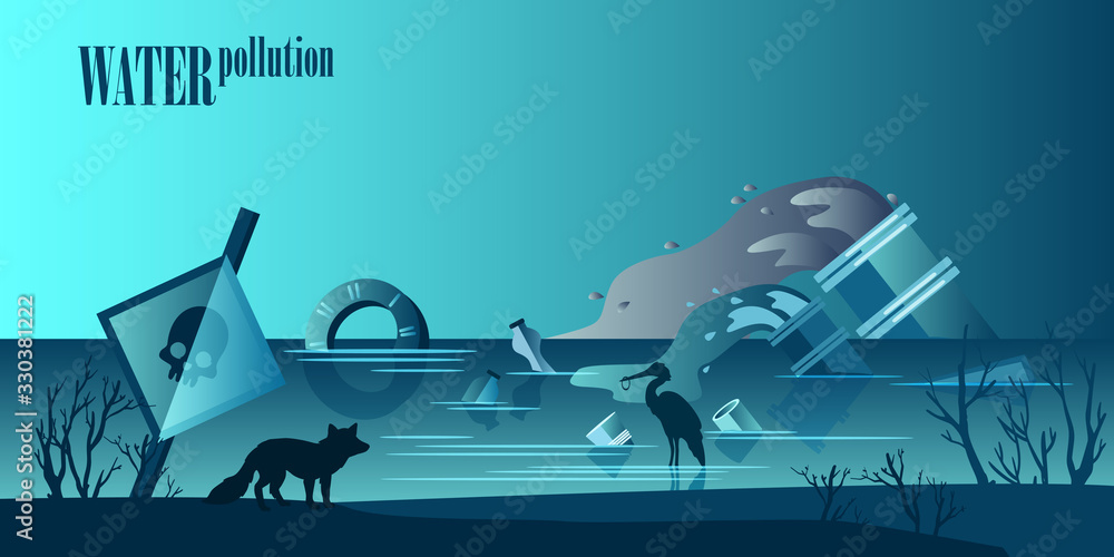 Water pollution concept in trendy blue colors with skull signboard ...