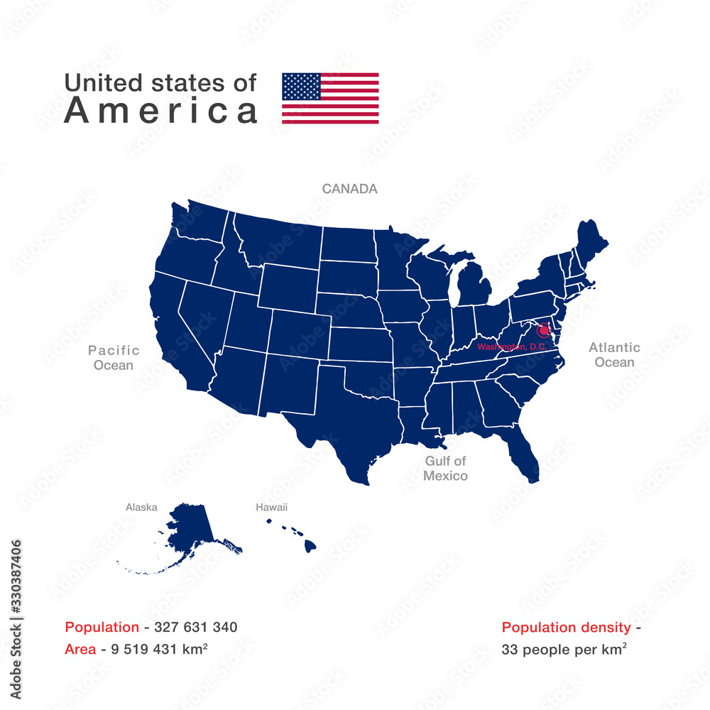 Vector map of United States of America. The capital is Washington, D.C ...