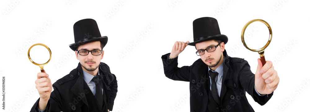 Young detective with magnifying glass isolated on white Stock Photo ...