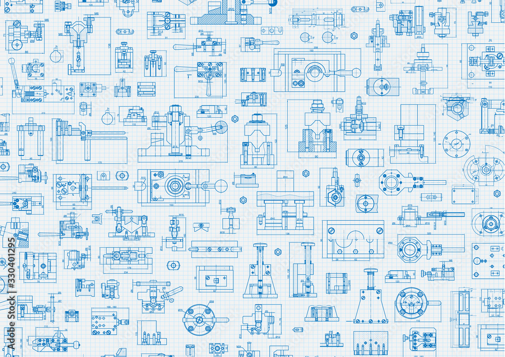 Technical drawing background . Mechanical Engineering drawing. Engine ...