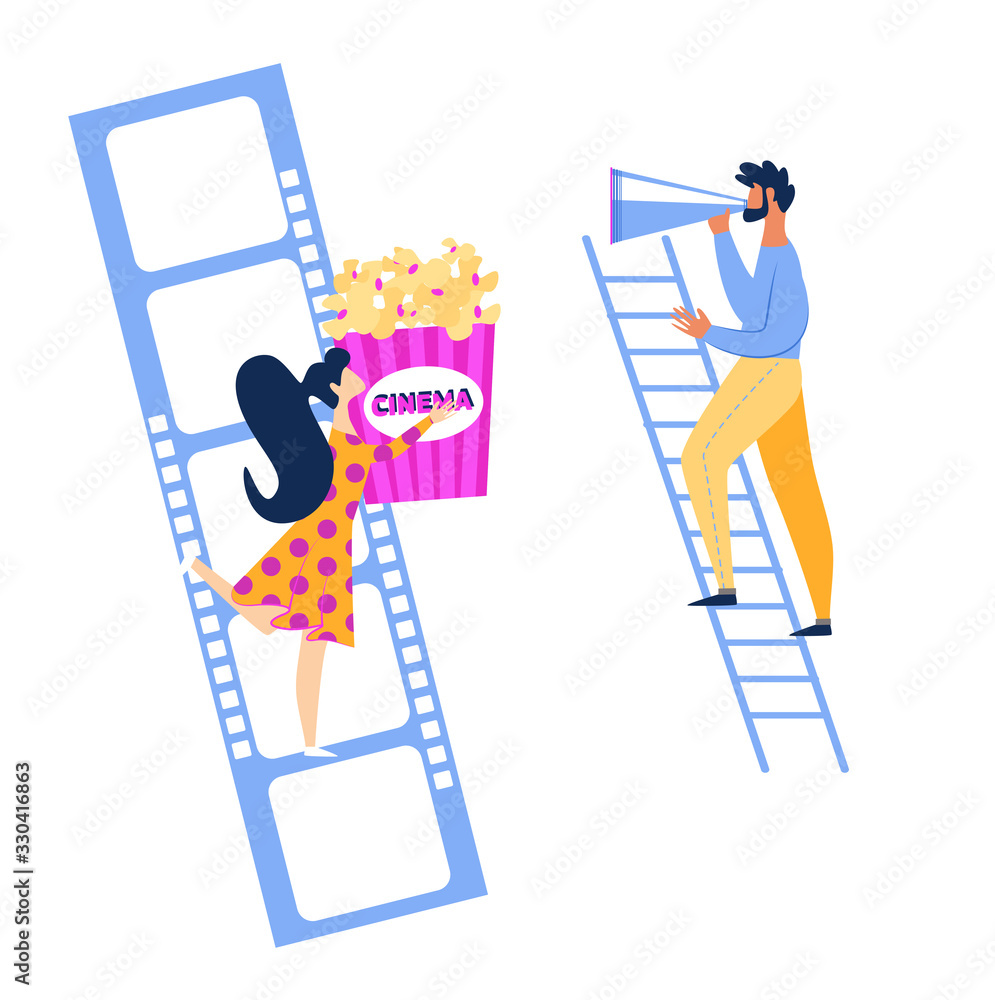 Young Woman Moviegoer Holding Big Popcorn Box Stand on Filmstrip, Man ...