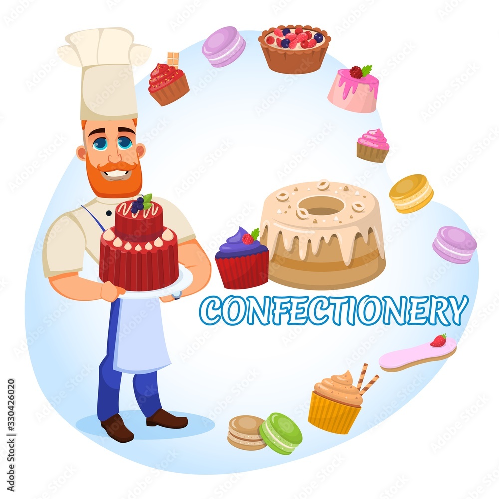 Confectionary Banner with Cheerful Bearded Redhead Pastry Cook, Wearing ...
