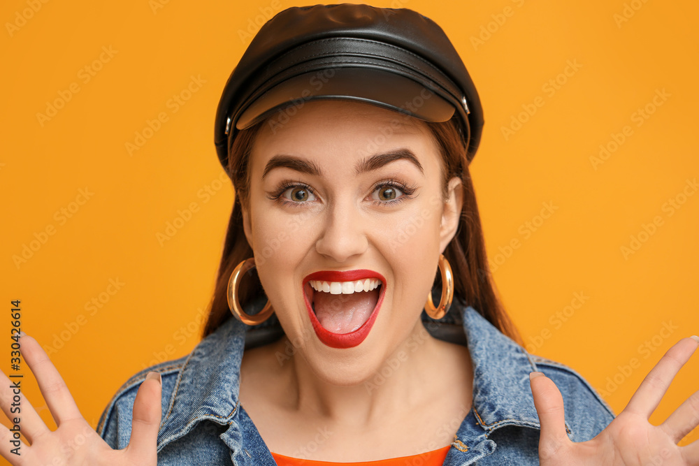 Happy young woman on color background Stock Photo | Adobe Stock