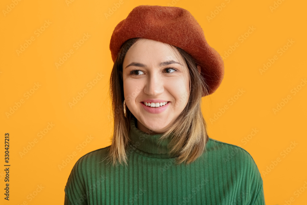 Portrait of stylish young woman on color background Stock Photo | Adobe ...