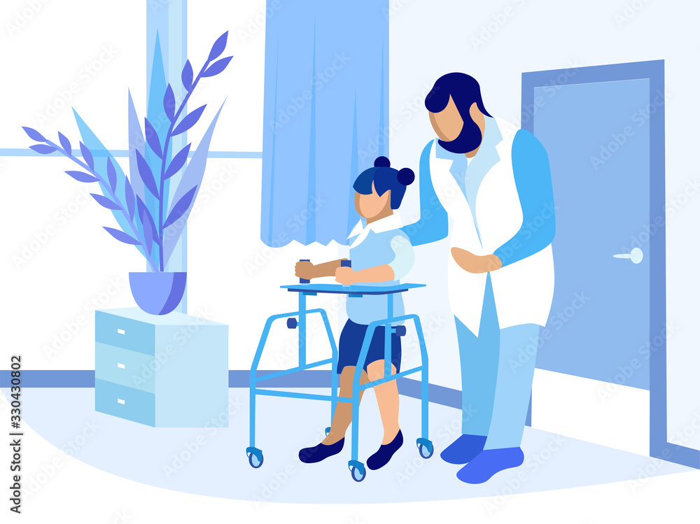 Man Doctor Training Little Girl with Walkers Help. Child Recovery after ...