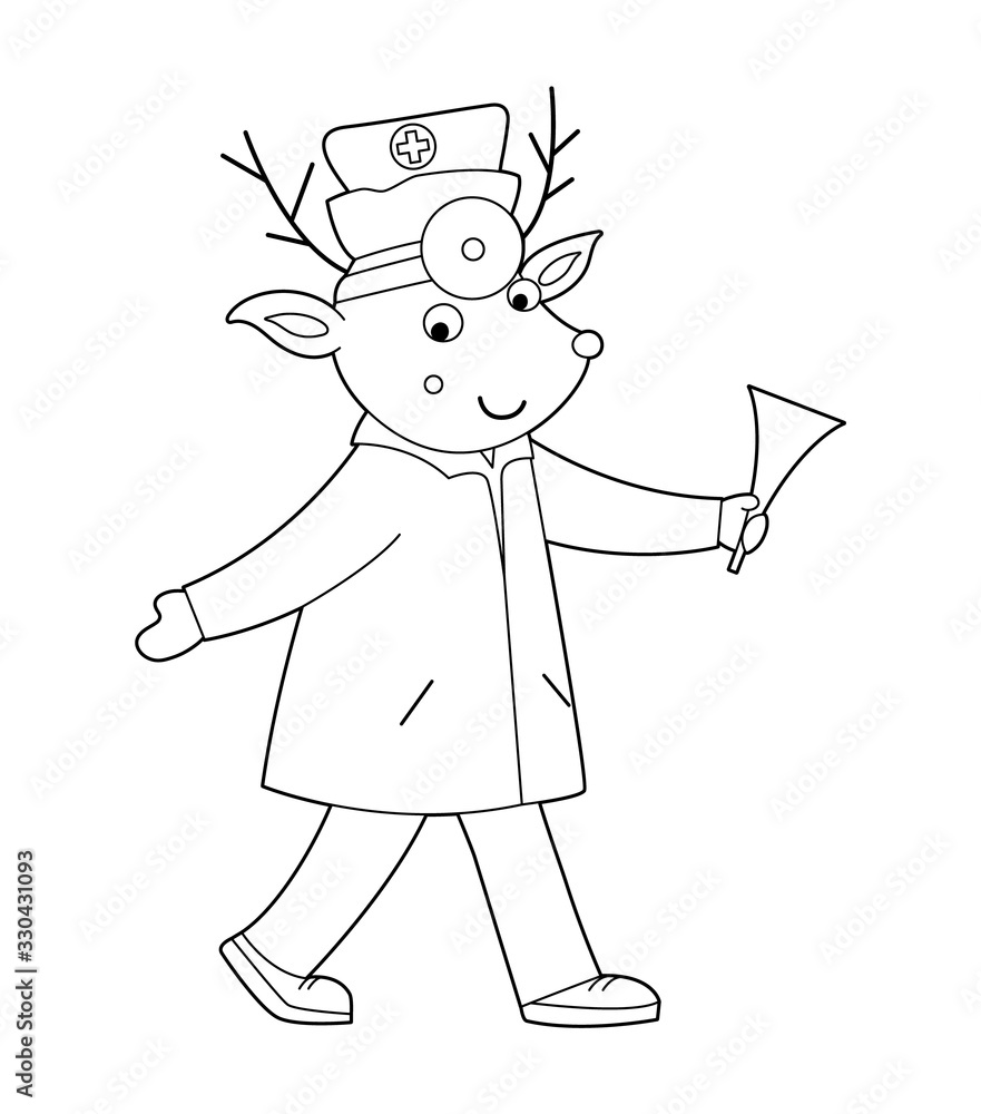 Vector outline animal doctor. Cute funny deer character. Medical ...