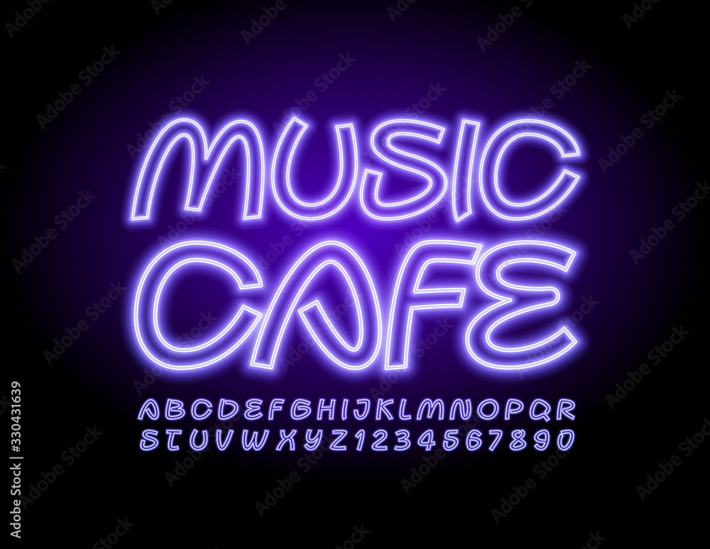 Vector creative banner Music Cafe with neon Alphabet Letters and ...