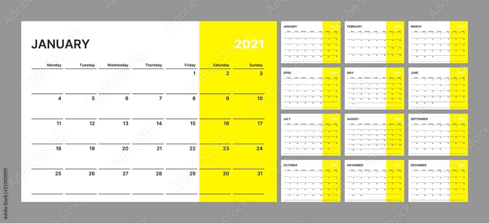 Wall calendar for 2021 year in clean minimal style. Corporate design ...