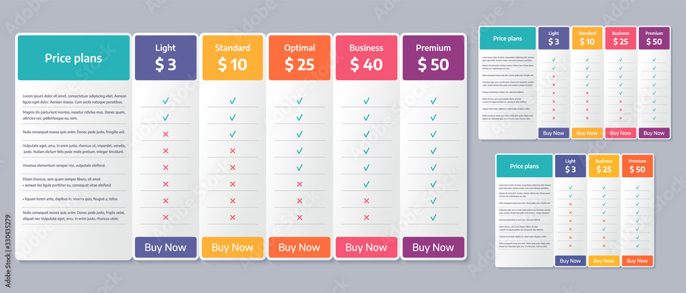 Price table template. Vector. Comparison plan chart. Set pricing data ...