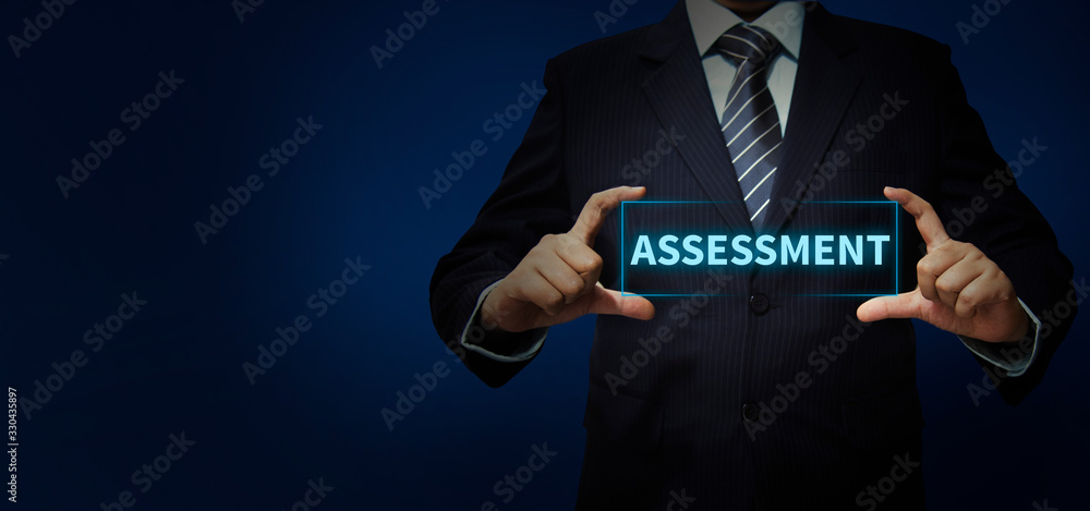 Assessment text in digital format with Business person, assessment ...
