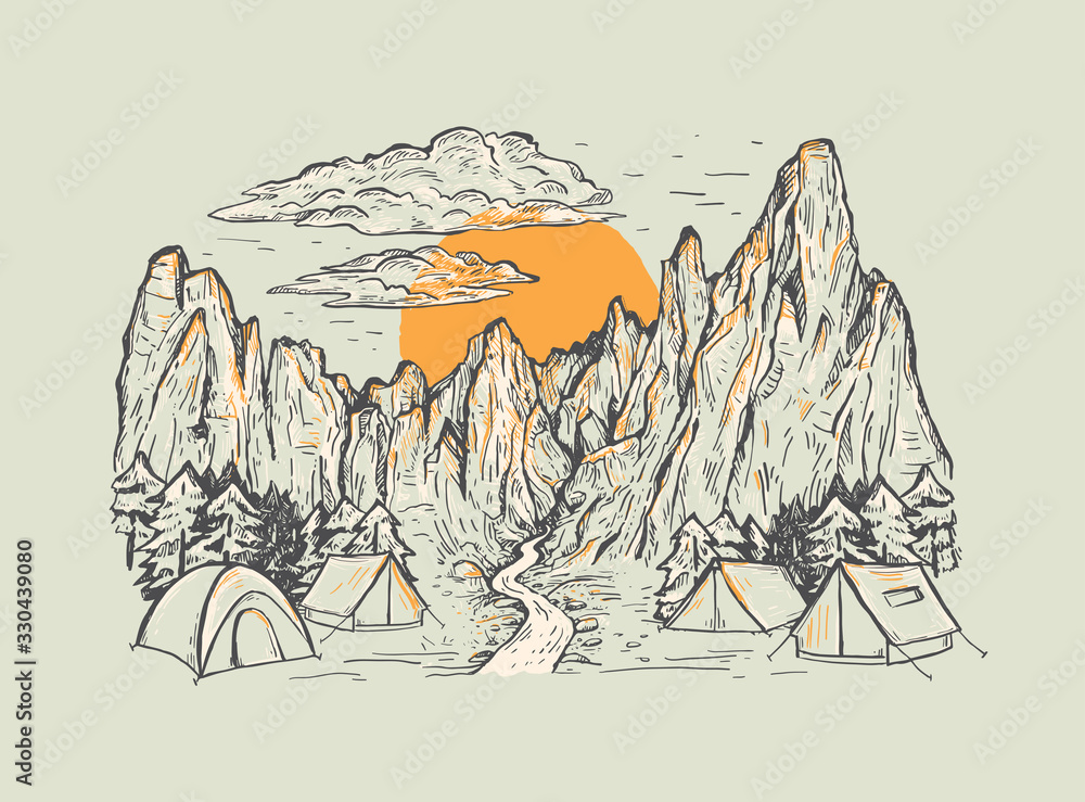 Sun Rise In Mountains Drawing