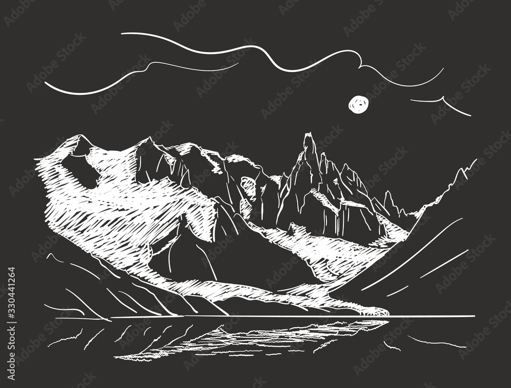 Linear sketch of Cerro Torre mountain massif and Lagoon Torre in ...
