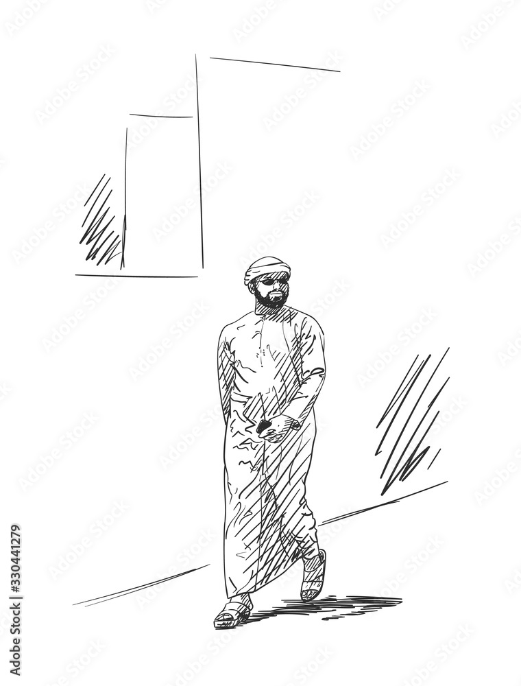 Sketch of muslim arabic man in traditional clothes walking outside ...
