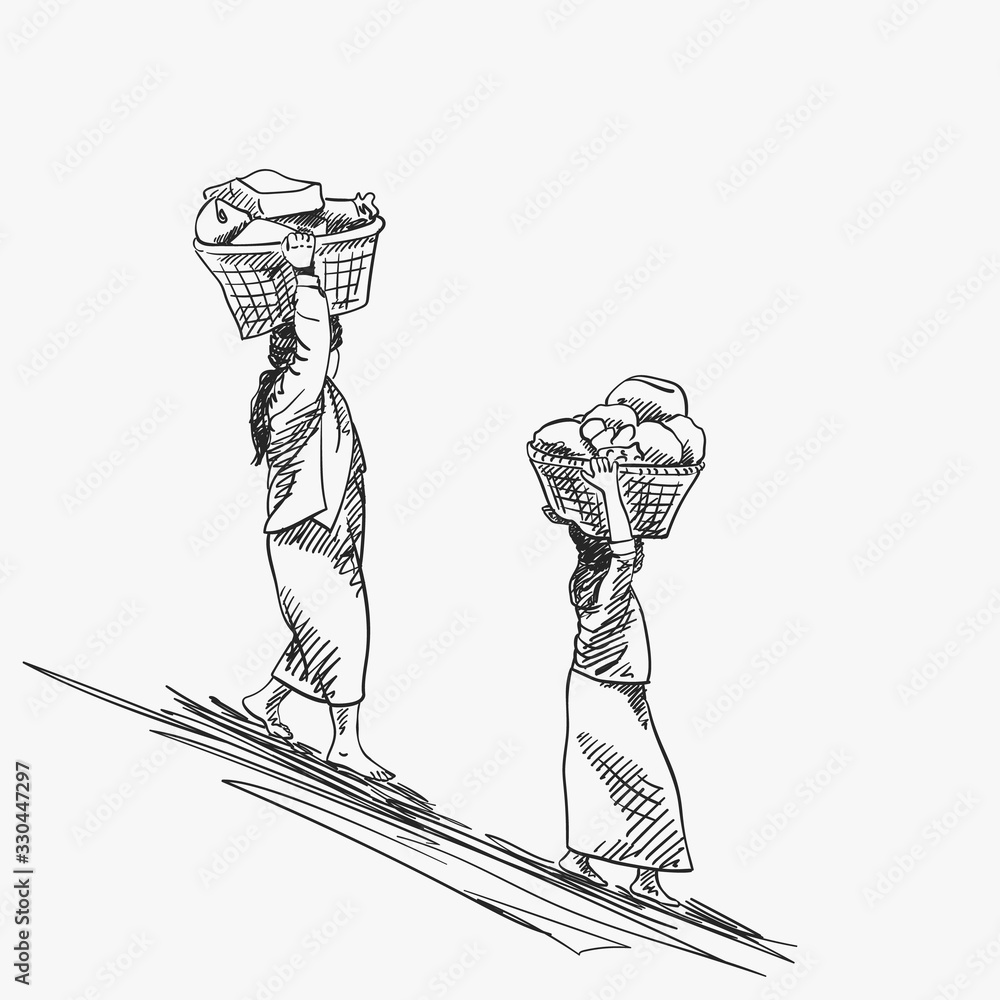 Two burmese women are carrying big baskets on their heads downhill, Vector sketch with ...