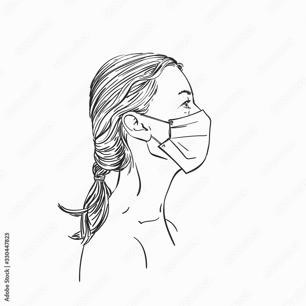 Woman portrait in profile wearing medical face mask, Hand drawn linear ...