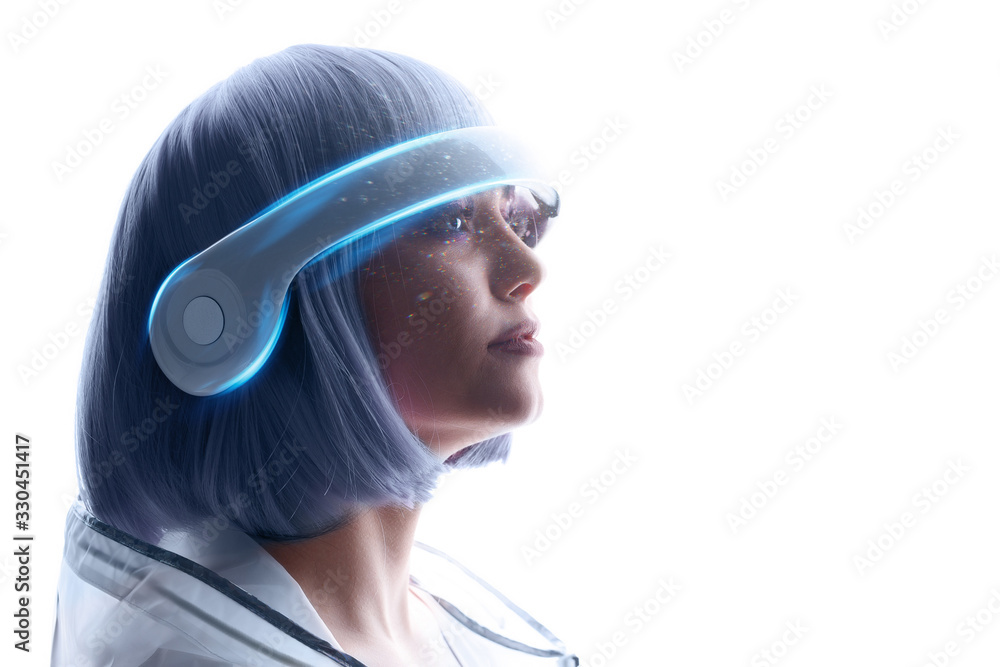 Beautiful woman with purple hair in futuristic costume over white ...