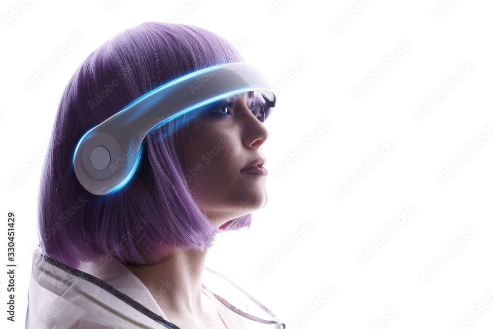 Beautiful woman with purple hair in futuristic costume over white ...