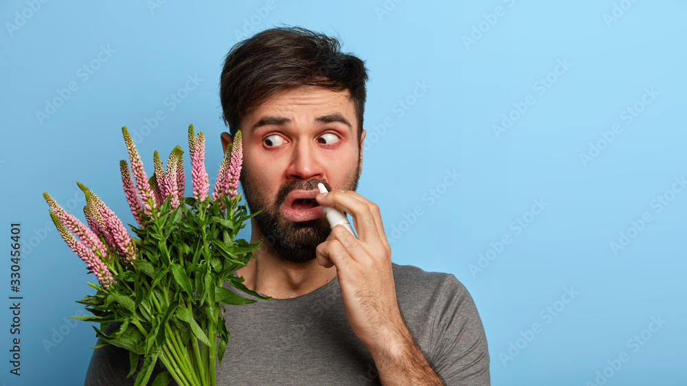 Seasonal disease, allergy and bad symptoms concept. Allergic bearded ...