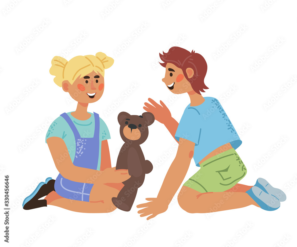 Preschool or kindergarten children playing together. Boy and girl ...