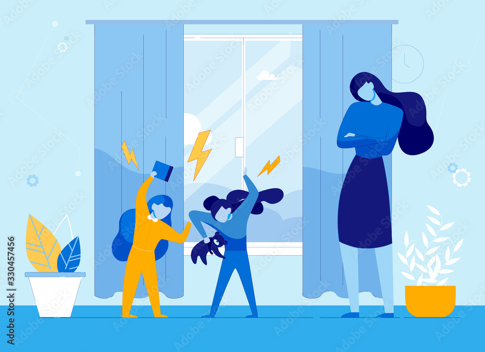 Two Sisters Fighting over Toys Flat Cartoon Vector Illustartion. Girls ...