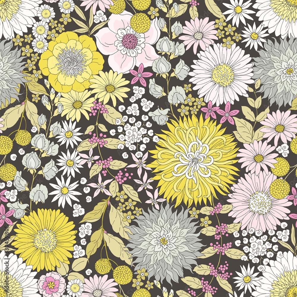 Seamless floral pattern with flowers and branches pastel yellow and ...