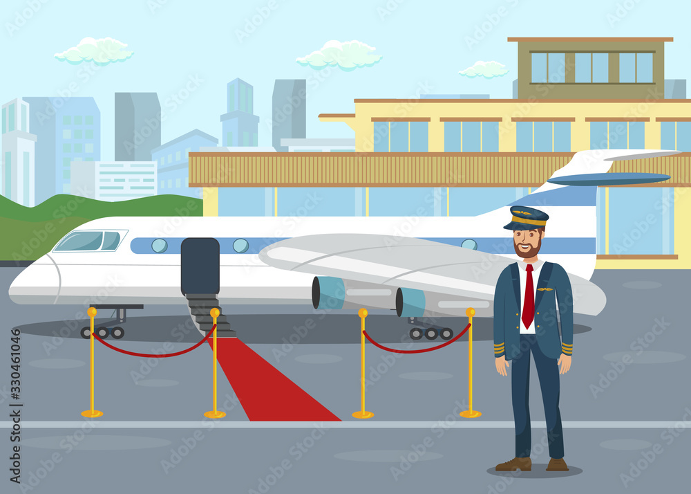 Pilot at Airport Terminal Flat Vector Illustration. Young Airplane ...