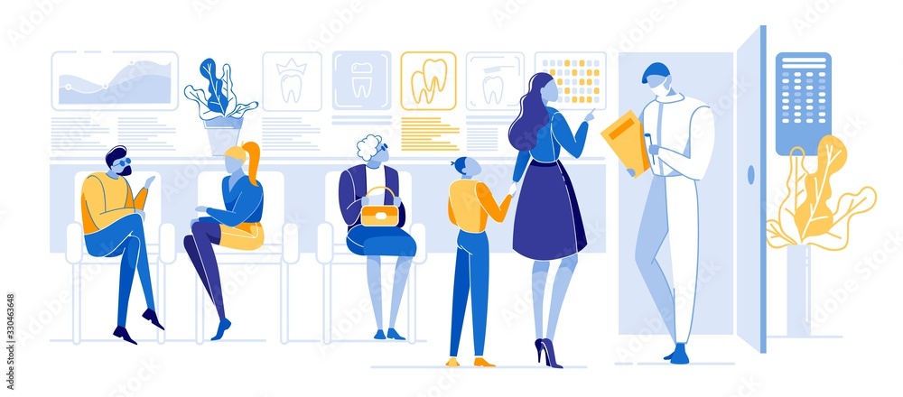 Medicine Concept with Doctor and Patients in Hospital Hall Flat Cartoon ...