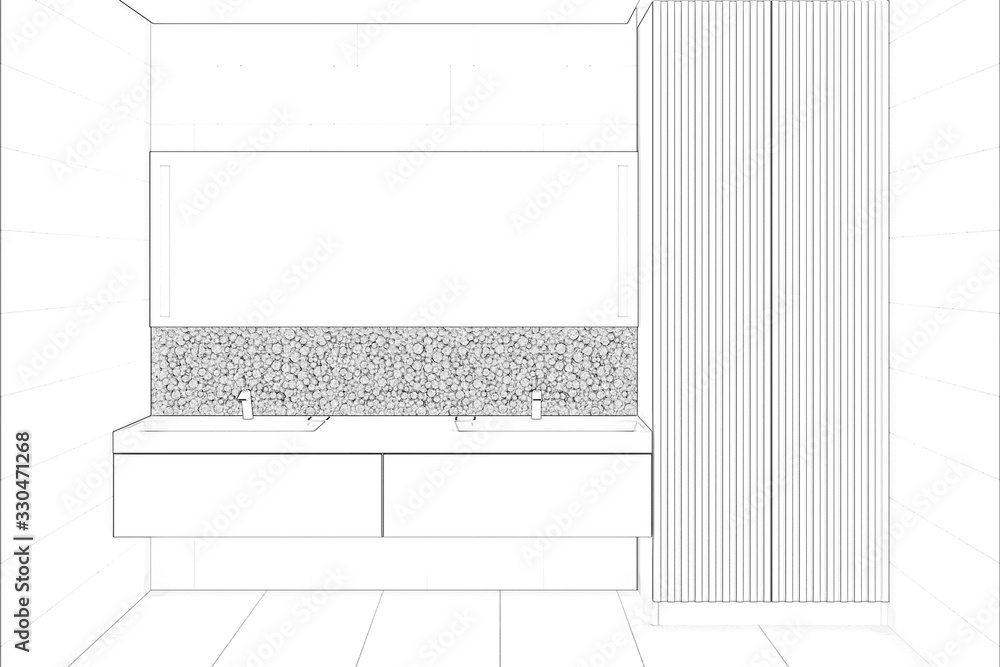 Sketch of a modern shower room with a washbasin next to a mirror ...